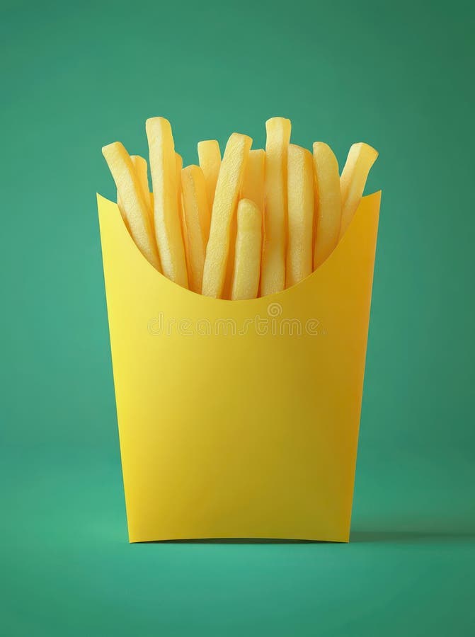 French Fries in a Yellow Box on Green Background. Stock Illustration ...