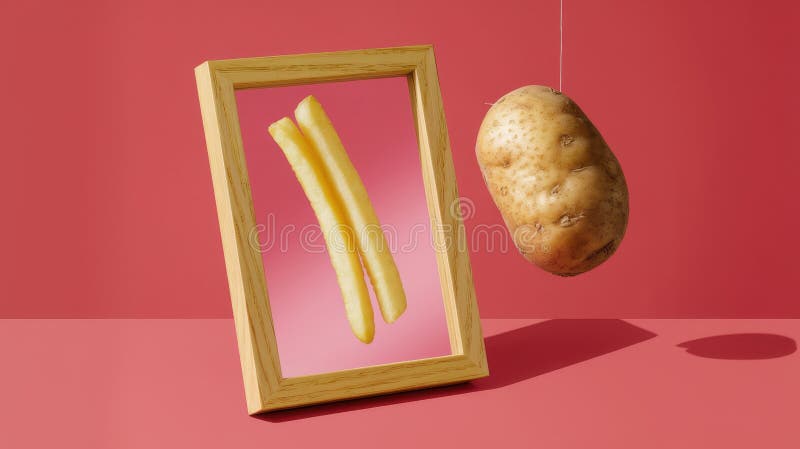 French Fry and Potato Reflected in Red Frame on Gradient Stock ...