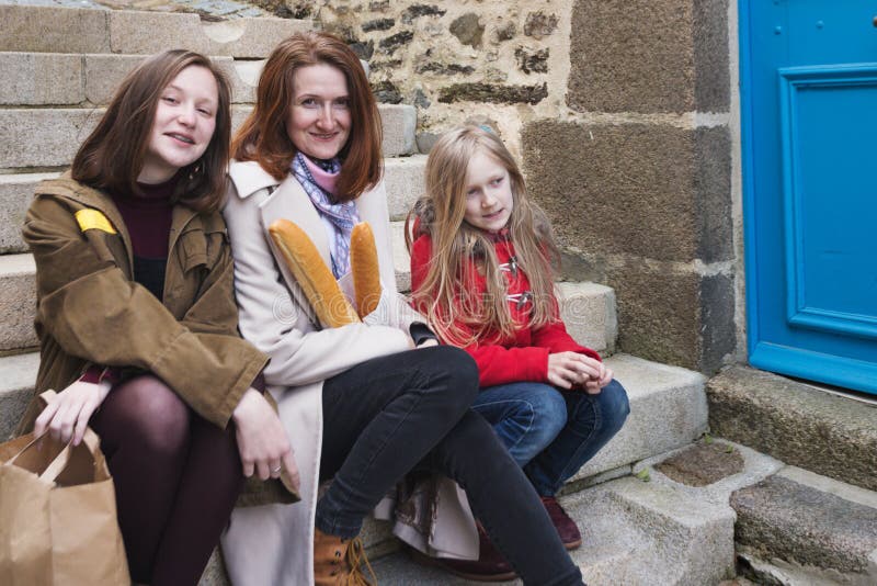 French Happy Mother and Daughters with Baguettes Stock Photo - Image of ...