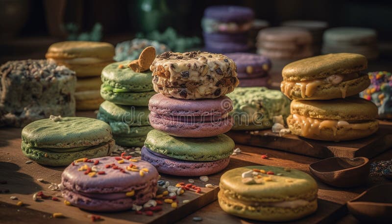 French Homemade Macaroon Stack on Rustic Wood Table with Raspberry ...