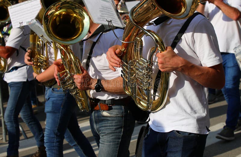 French Horn Players in a Marching Band Performing Stock Image - Image ...