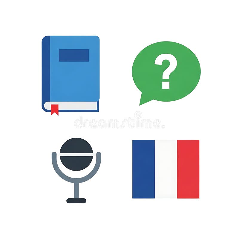 French Language Learning Icons with Book, Speech Bubble, Microphone ...