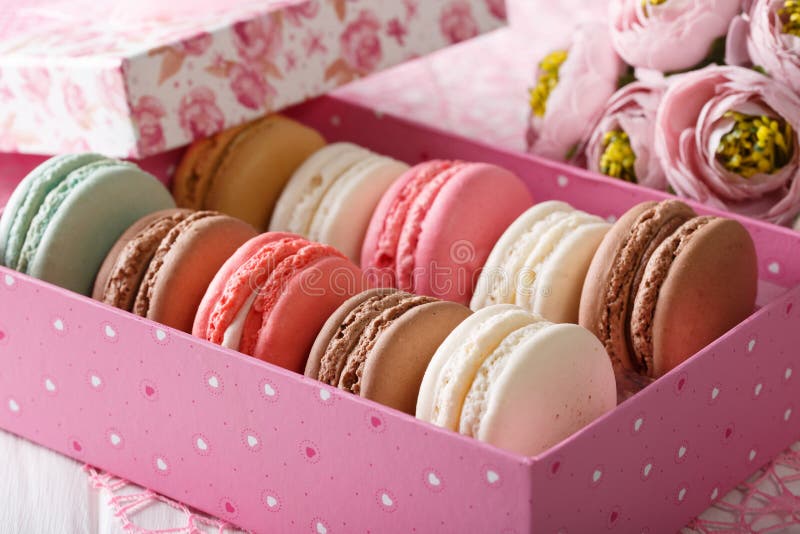 French Macaroons in a Pink Box and Flowers Close-up. Horizontal Stock ...