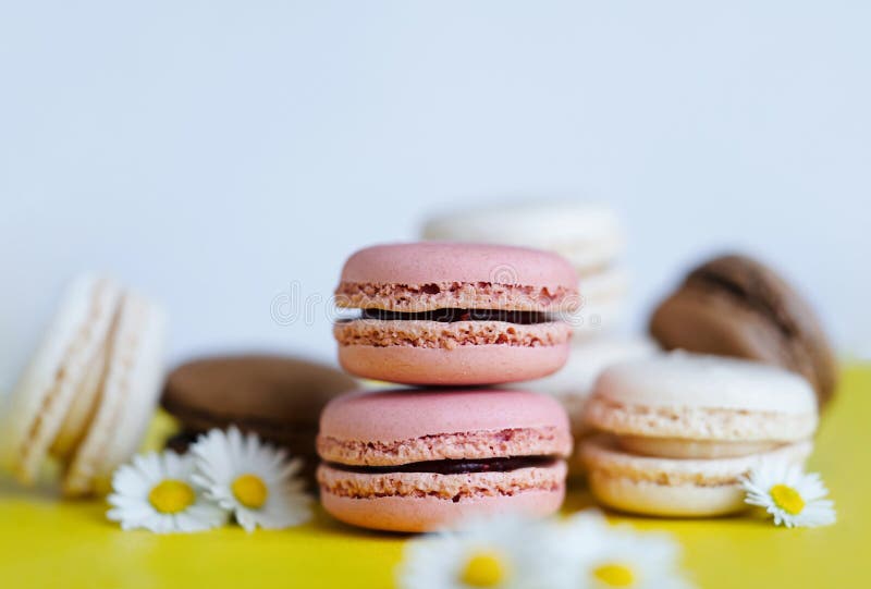 French Macaroons, Selective Focus Stack of Pink Macaroons with Blurry ...
