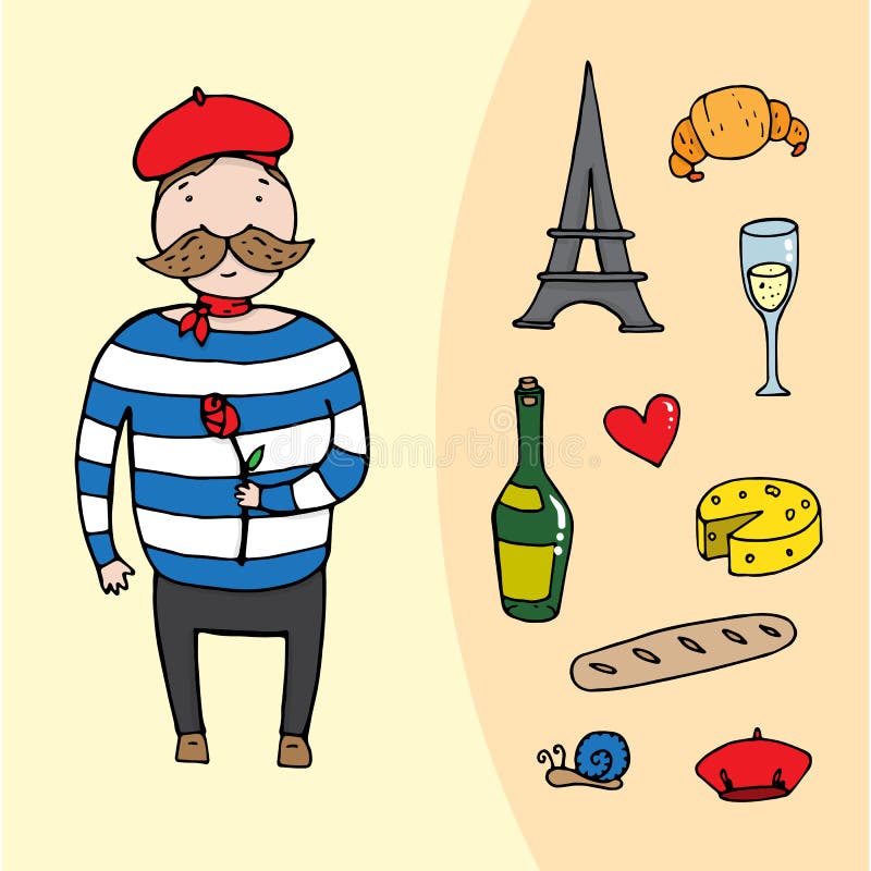 French Man with a Rose and Set of French Elements Stock Illustration ...