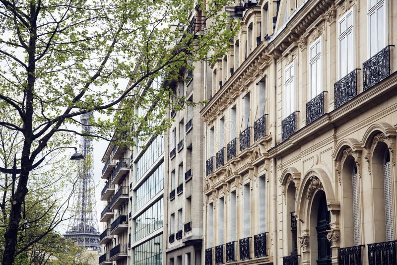 French Paris Street with Eiffel Tower in Perspective Trought Trees ...