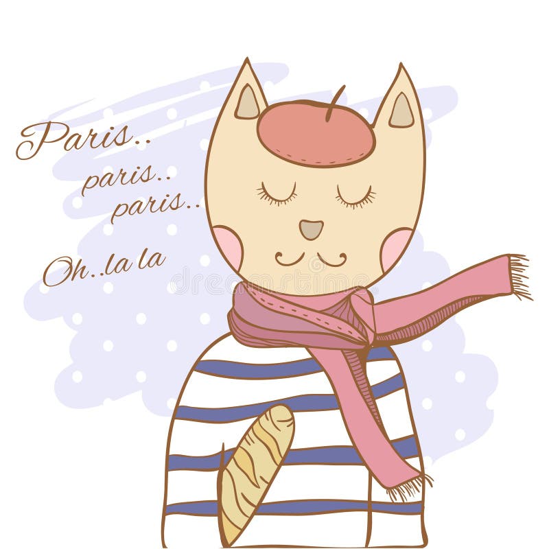 French Parisian Cat Hand Drawn Illustration Stock Vector - Illustration ...