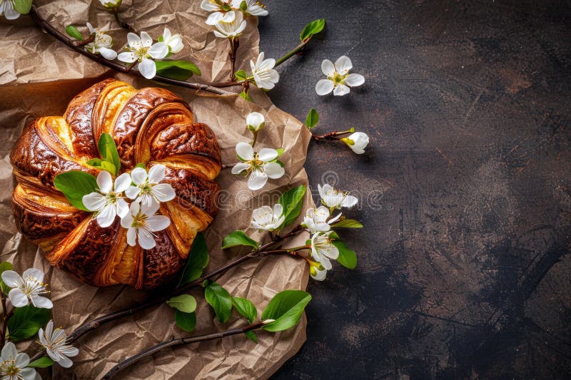 French Pastry with Delicate Flower on Dark Background and Rustic Craft ...