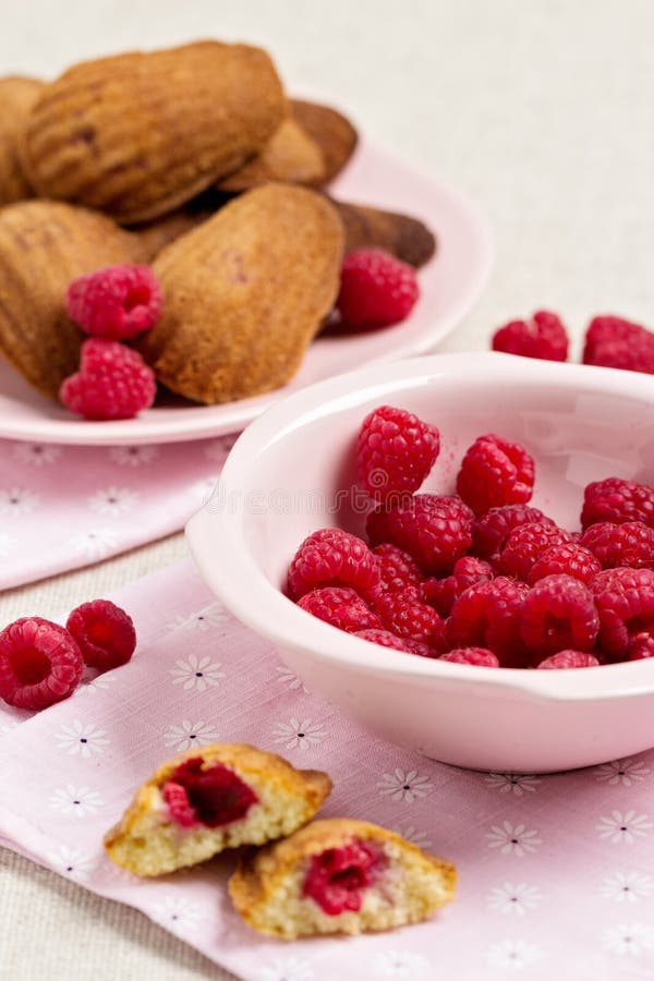 French Pastry Madeleine with Raspberries. Stock Image - Image of leaf ...