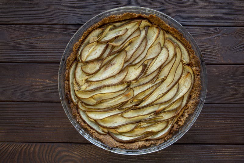 French Pear Pie on Rustic Wooden Table Stock Image - Image of bake ...