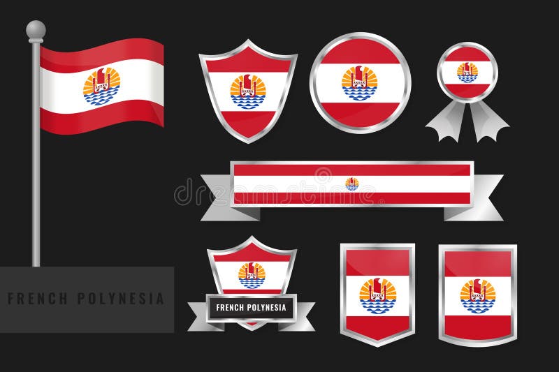 French Polynesia Flag Set. Collection F French Polynesia National Emblems. Flat Design of Flags ...