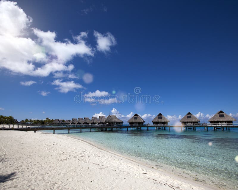 French Polynesia. Over Water Bungalows and Beach Stock Image - Image of ...
