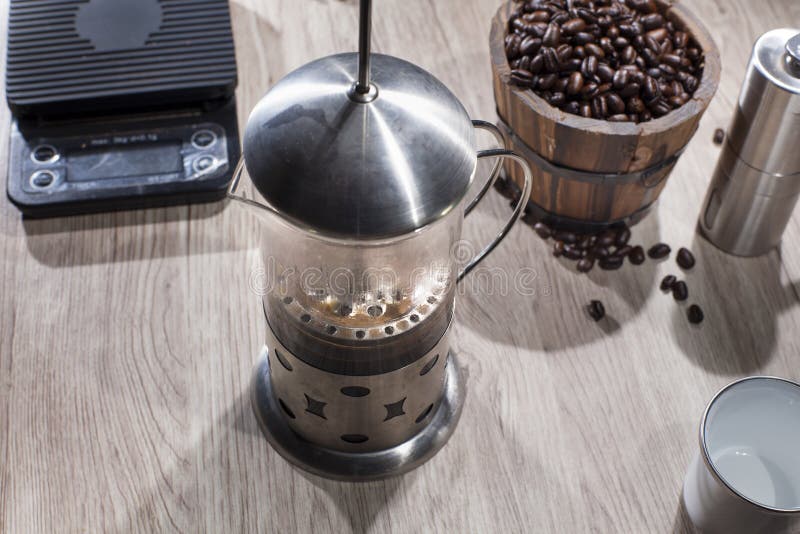 French Press with a Bucket of Coffee Beans. Stock Image - Image of ...