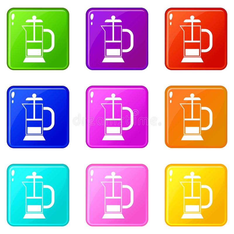 French Press Coffee Maker Icons 9 Set Stock Vector - Illustration of ...