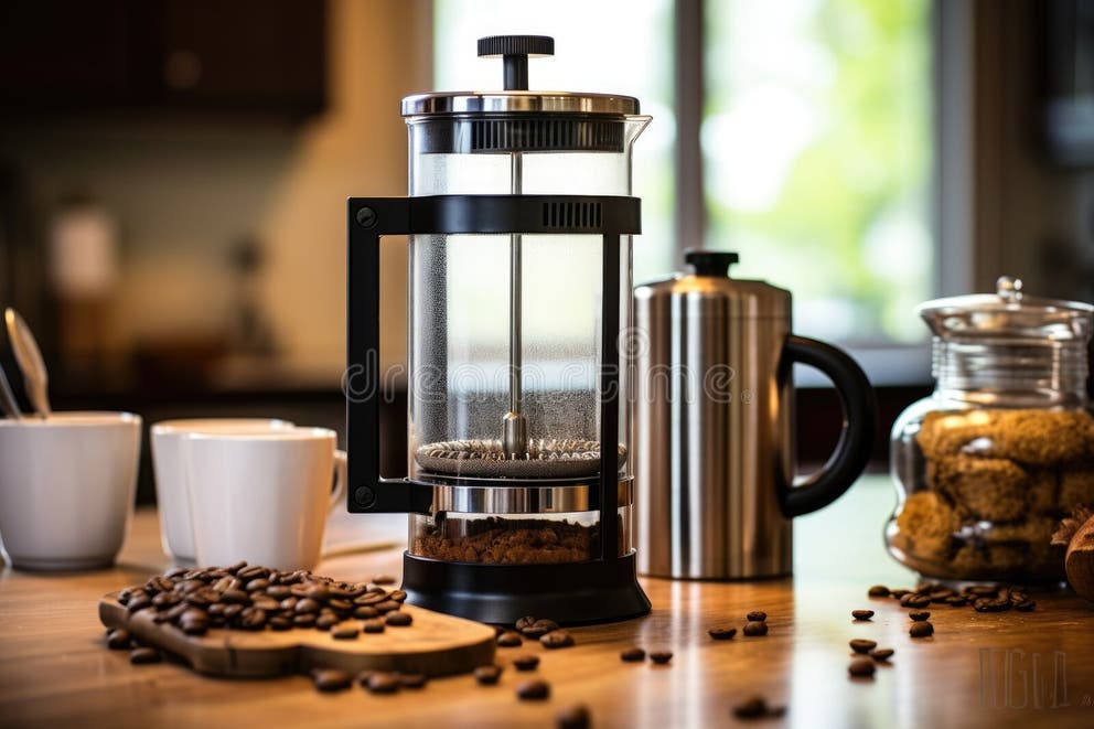 French Press Coffee Maker with Timer and Coffee Grounds Stock ...