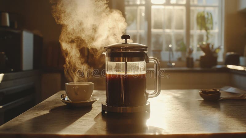 A French Press of Coffee with Steam Rising in a Kitchen Stock ...