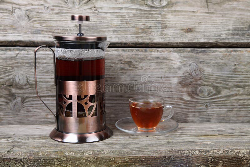 French-press and Cup of Tea Stock Photo - Image of kettle, wooden: 49255062