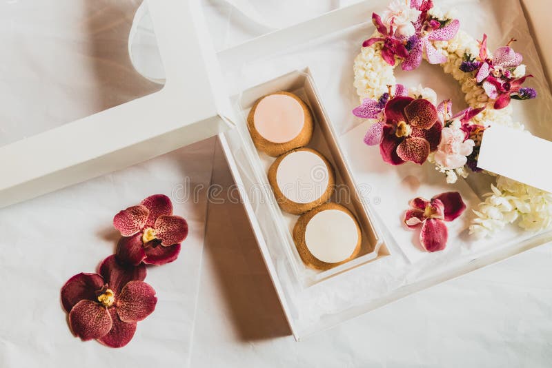 French Profiteroles in Gift Box with Flower for Ocation. Stock Photo ...