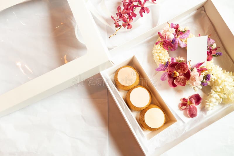 French Profiteroles in Gift Box with Flower for Ocation. Stock Image ...