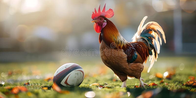 French Rooster with Rugby Ball on Stadium Field - Space for Text ...