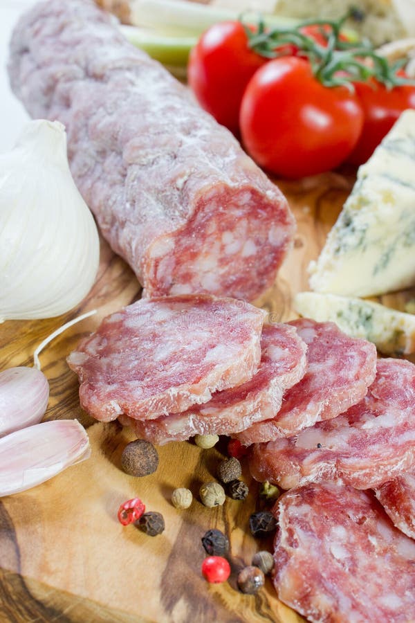 French Saucisson With Cheese On Cutting Board Stock Photo - Image of ...