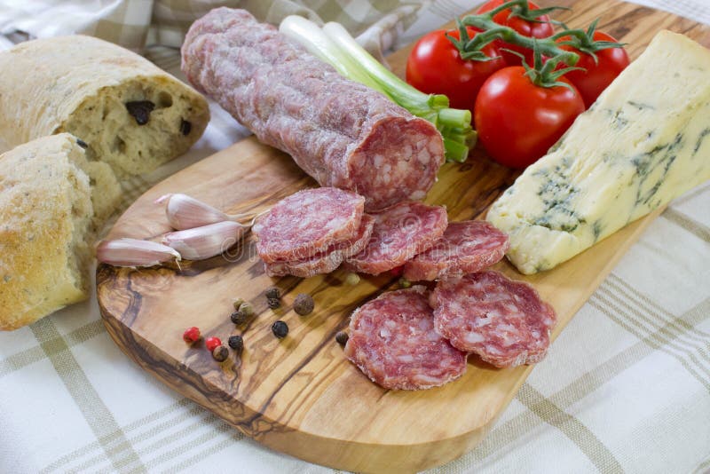 French Saucisson with Cheese on Cutting Board Stock Photo - Image of ...