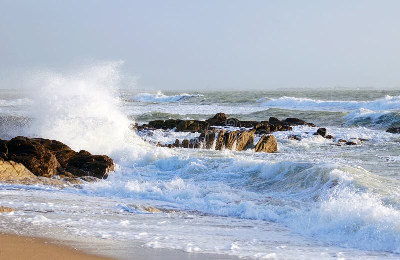 French Sea Shore with Wild Waves and Rocks Stock Photo - Image of waves ...