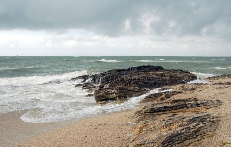 French Sea Shore with Wild Waves and Rocks Stock Image - Image of ...