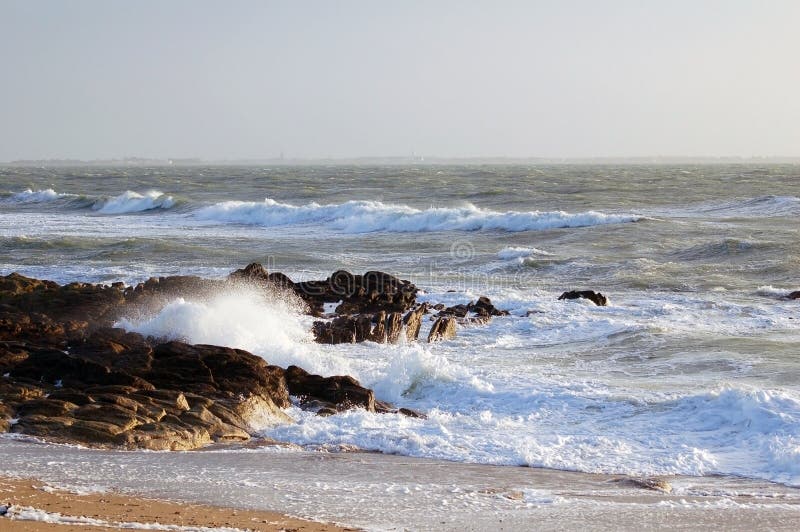 French Sea Shore with Wild Waves and Rocks Stock Photo - Image of ...