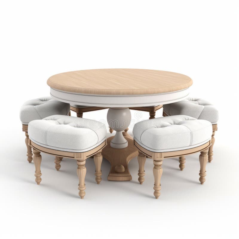 French Style White Round Dining Table with Stools 3d Model Stock ...