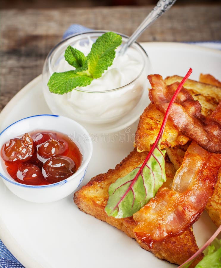 French Toast with Bacon for Breakfast Stock Image - Image of cream ...