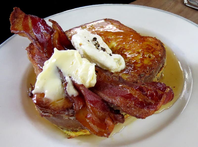 French Toast with Bacon and Syrup Stock Photo - Image of cream, butter ...