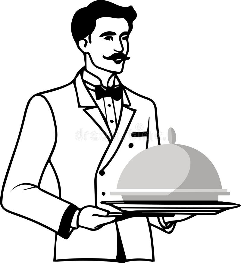 French Waiter with a Tray for Guests in Line Art Style Stock Vector ...