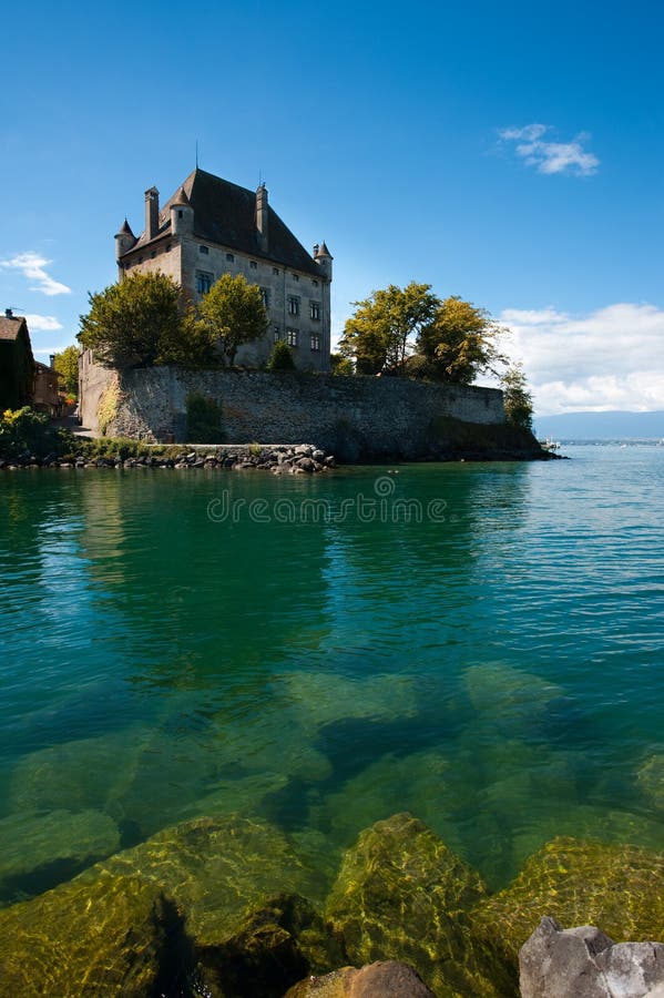 French Waterfront Castle Lake Geneva Stock Image - Image of travel ...