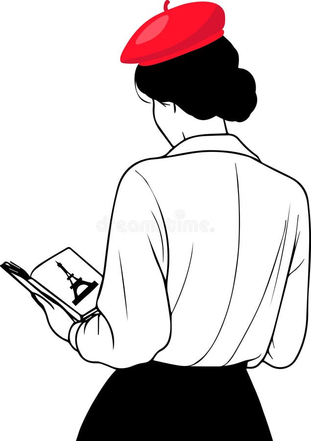French Woman Reading Book with Eiffel Tower in Line Art Style Stock ...