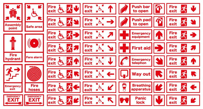 Frequently Used Fire Signs in Red. Emergency Exit and Action in Case of ...