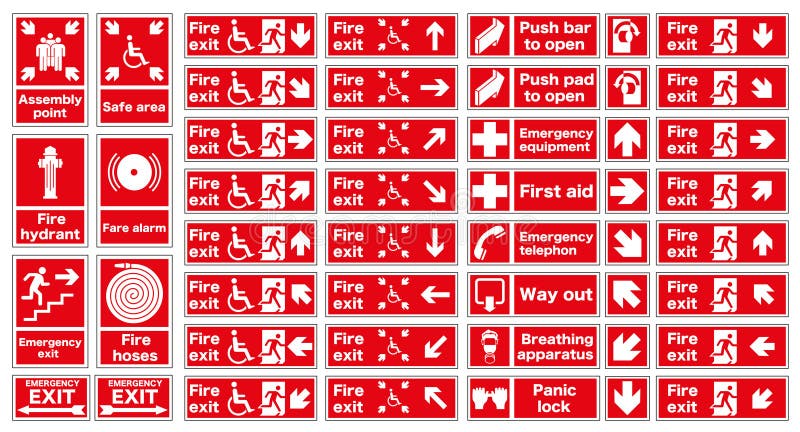 Frequently Used Fire Signs in Red. Emergency Exit and Action in Case of ...