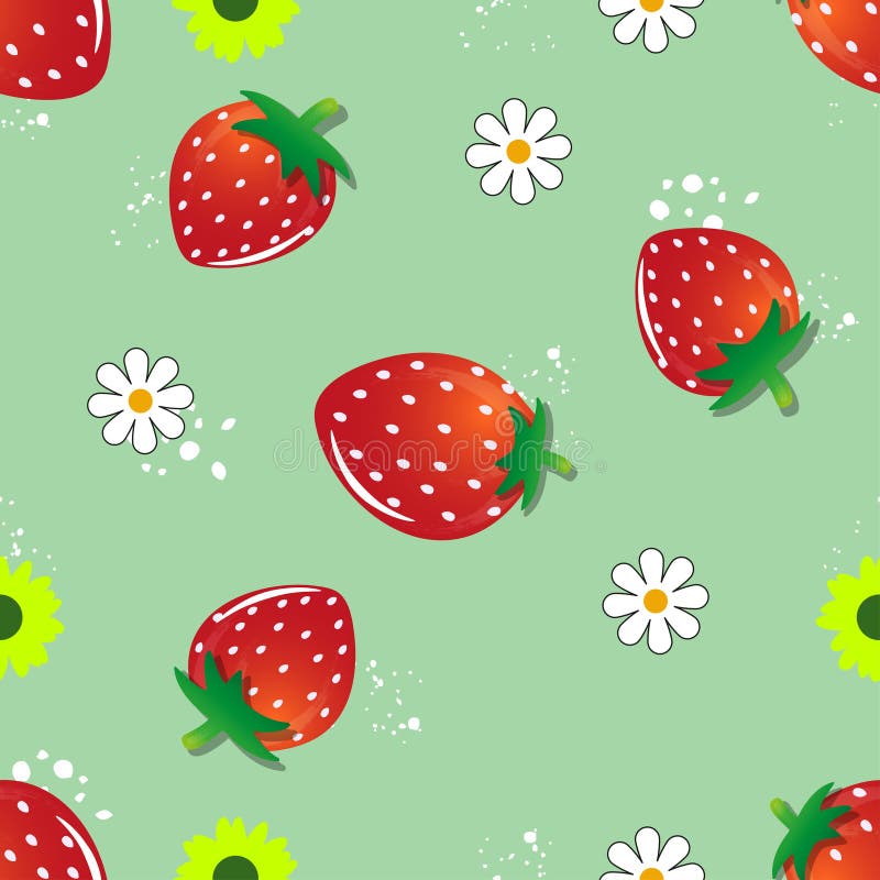Stylized Strawberries are Scattered Across a Light Green Background ...