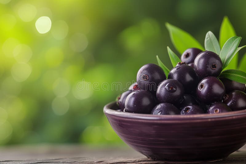 Fresh Acai Berries Bowl on Natural Green Background Stock Illustration ...