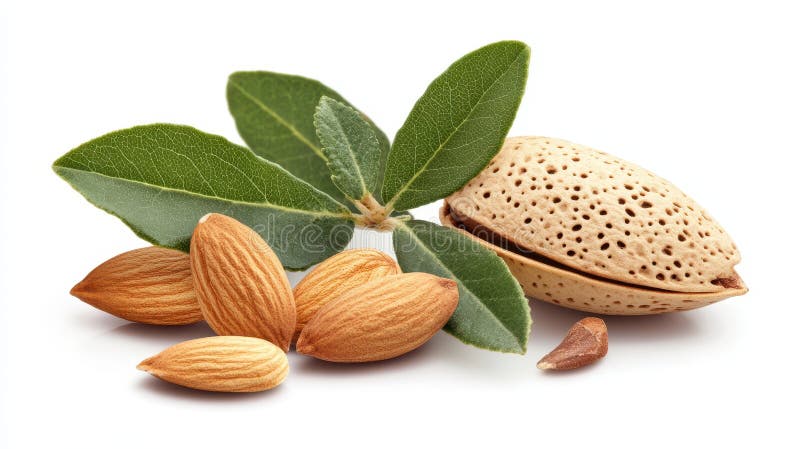 Fresh Almonds with Leaves: Whole, Shelled and Kernel on White ...