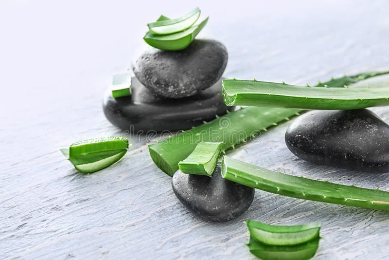 Fresh Aloe Vera Leaves with Spa Stones on Light Table Stock Photo ...