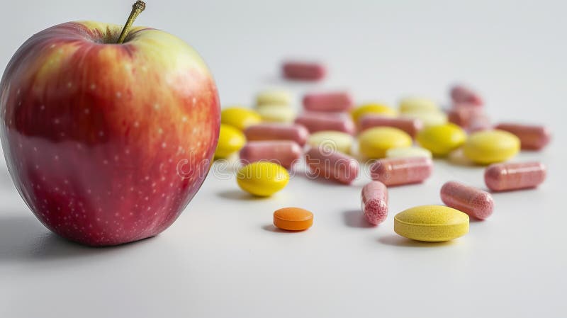 A Fresh Apple Alongside Various Pills and Tablets on a White Background ...