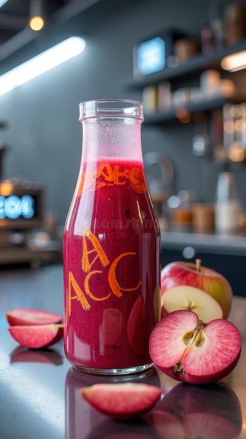 Fresh Apple and Berry Juice in Glass Bottle on Kitchen Counter Stock ...