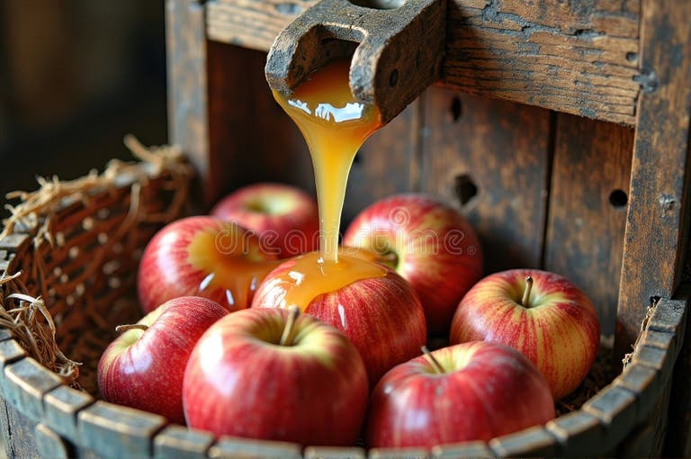 Fresh Apple Cider Pouring from Rustic Press into Basket of Red Apples ...
