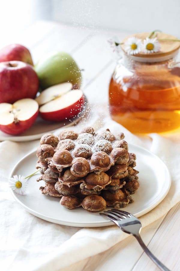 Fresh Apple Waffles with Icing Sugar and Fresh Apples Breakfast Stock ...