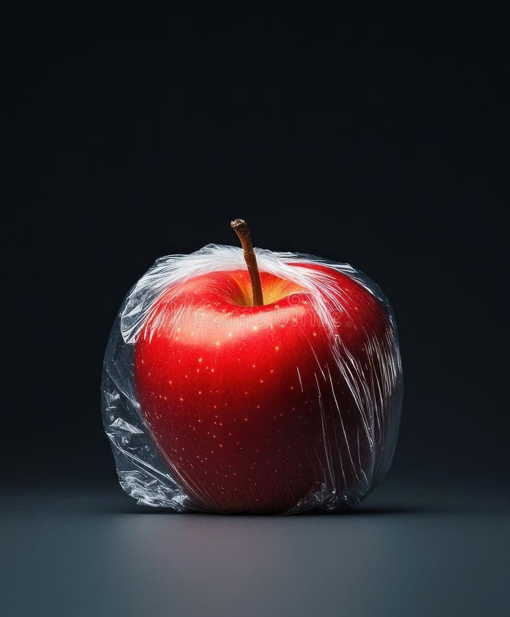 Fresh Apple Wrapped in Plastic on Dark Background Stock Illustration ...