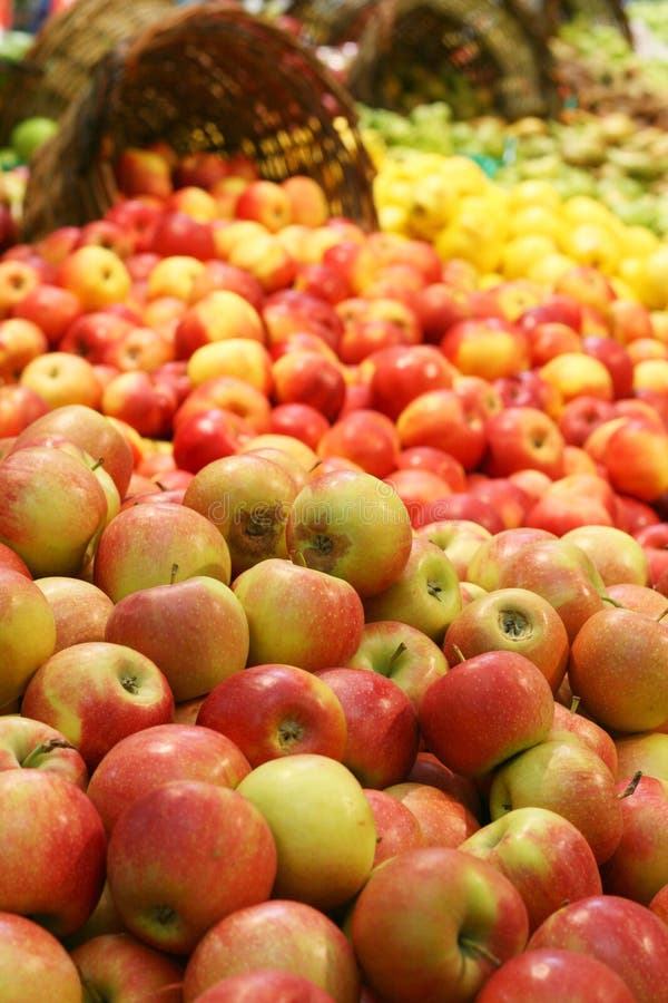 Stack of Apple on Fruit Shelf Stand with Wood for Copy Space at Stock ...