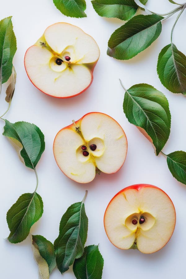 Fresh Apples Cut in Half with Green Leaves on a Clean White Background ...