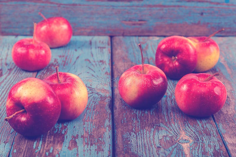 Fresh Apples on Painted Blue Wooden Boards Stock Photo - Image of ...