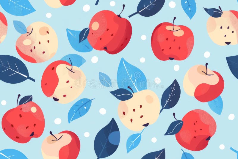 Fresh Apples. Seamless Pattern with Red Apples and Blue Leaves on a ...